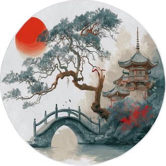 Generic Tapis Rond 150 cm Style Japonais Salon Chambre Rug, Lavable en Machine Crème Tapis Chambre Enfant, Doux Architecture Plantes Soleil Descente de Lit An