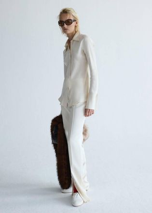 Mango Pantalon satin&eacute; fente &agrave; lourlet &eacute;cru - Femme - 32 - MANGO
