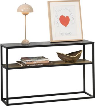 SoBuy FSB43-SCH Vintage Konsolentisch mit Glasoberfl&auml;che Metall Flurtisch Dekotisch Sideboard schmaler Beistelltisch Sofatisch Natur/Schwarz BHT ca: 110x70x