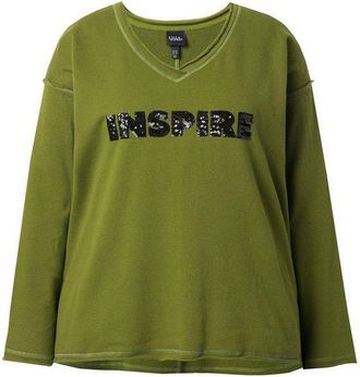 Ulla Popken Sweatshirt Sweatshirt Pailletten-Schriftzug V-Ausschnitt