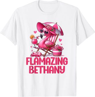 BDAZ Flamazing Bethany Pink Flamingo Tropical Beach Scene Damen T-Shirt
