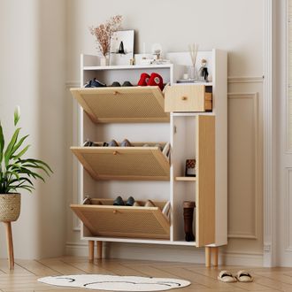 Merax Schuhkipper Schmal, Holzwerkstoff Schuhschrank aus Rattan, Schuhregal mit 3 Klappenschubladen, mit Massivholzbeinen und Griffen, B90/H125/T17 cm, Whit