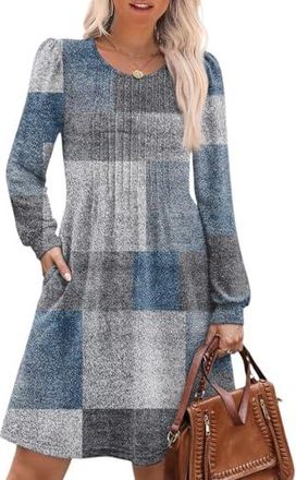 Generic Robe boh&egrave;me pour femme, mini robe &agrave; manches longues, col rond, robe trap&egrave;ze d&eacute;contract&eacute;e, fluide avec poches lat&eacute;rales, robe moulante formelle en tric