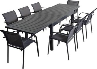 Sweeek Table de jardin extensible aluminium + 8 assises aluminium et textil&egrave;ne. anthracite. 270 x 90 x 75 cm