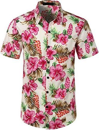 JOGAL Chemise hawaïenne à manches courtes en coton pour homme, Hibiscus blanc, S