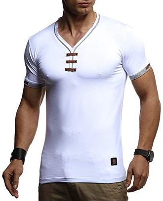 LEIF NELSON LN4890N T-shirt dété, à col en V, blanc, manche courte, coupe slim, pour homme, Blanc., XXL