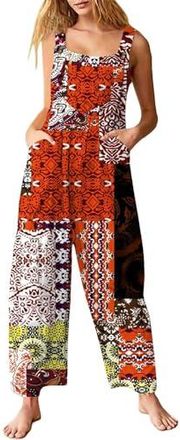 Generic EMUKFD Salopette boh&egrave;me pour femme - Style ethnique vintage - Patchwork - Jambe large - Imprim&eacute; floral - Combinaison d&eacute;t&eacute; d&eacute;contract&eacute;e - Barboteuse bo