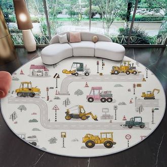 Generic Tapis Rond Salon 100 cm, Color&eacute; Lavable Antid&eacute;rapant Tapis, Dessin anim&eacute; Circulation Urbaine v&eacute;hicule Chantier Imprim&eacute; Carpette Convient pour la Chamb