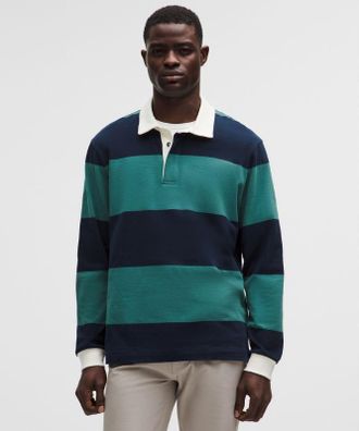 lululemon Langarm-Rugby-Shirt aus f&uuml;r M&auml;nner - Gr&ouml;&szlig;e XL in Wide Stripe True Navy Deep Marina