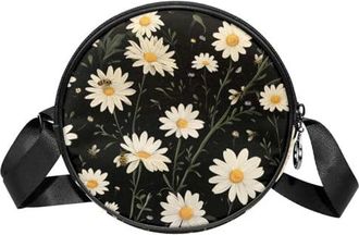 Generic Sac &agrave; bandouli&egrave;re rond pour femme, marguerites et abeilles, petit sac &agrave; bandouli&egrave;re avec fermeture &eacute;clair, bretelles r&eacute;glables, sac &agrave; main rond d&eacute;cont