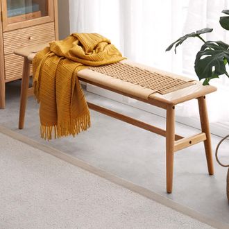 Generic Handgewebte Rattan-Bettbank - Innenbank Aus Massivem Eichenholz for Schlafzimmer, Eingangsbereich, Esszimmer (Natur)(Oak+Natural - 43inch)