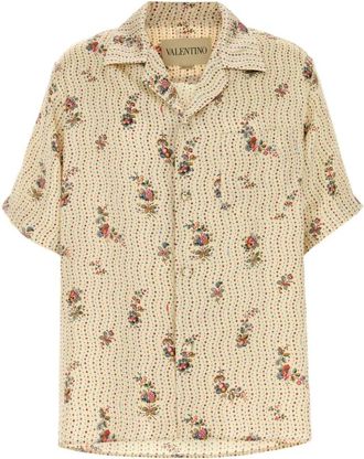Valentino Garavani Homme, Chemises, Beige, Taille: L Chemise Bowling en Soie avec Imprim&eacute; Floral Papier