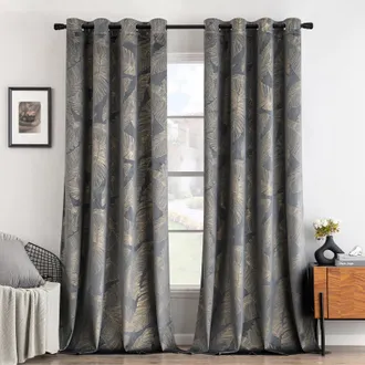 Miulee Vorhänge Samt mit Goldfolie Blätter Muster, 2 Stück Grau Samt Gardinen mit Ösen, Jedes 228 cm Hoch, Superweich Samt Vorhang Blickdicht für Deko Wohnzi