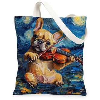Generic Sac fourre-tout r&eacute;utilisable en toile pour le shopping, motif bouledogue fran&ccedil;ais, 33 x 38 cm, motif violon nocturne &eacute;toil&eacute;, sac d&eacute;picerie pour femme,