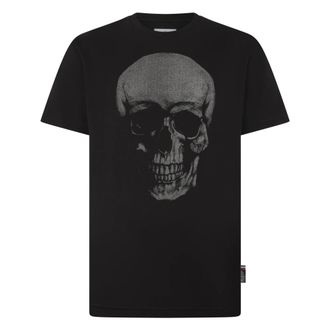 Philipp Plein Homme, Tops, Noir, Taille: 4XL Glitter Skull Round Neck T-Shirt