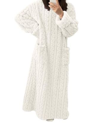 Generic Peignoir en flanelle pour femme, chemise de nuit chaude en polaire confortable et douce, v&ecirc;tement de d&eacute;tente chaud pour lhiver, pyjama d&eacute;contract&eacute; &agrave; c