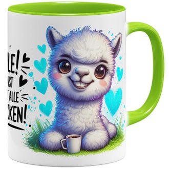 OM3 Lustige Alpaka Kaffee-Tasse mit Spruch - L&auml;chle! Du kannst sie nicht alle anspucken! - Statement - Keramik Becher - 325ml - Rundumdruck - Hellgr&uuml;n