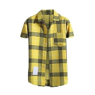 Generic Chemise &agrave; manches courtes pour homme, chemise &agrave; carreaux grande taille, chemise d&eacute;t&eacute; l&eacute;g&egrave;re, haut &agrave; carreaux &agrave; revers respirant, haut boutonn&eacute; r&eacute;tro, 