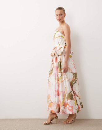 Asos Verziertes Midikleid mit Sch&ouml;&szlig;chen und Aquarell-Blumenmuster-Bunt