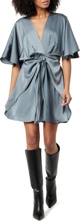 The Drop Minikleid für Damen, Estelle mit tiefem V-Ausschnitt, Bindeband vorne, Grau, M