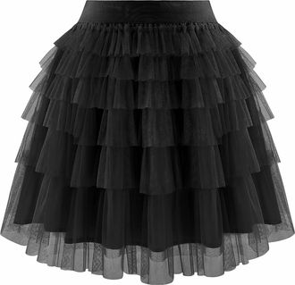 Bbonlinedress Mini-T&uuml;ll-Mesh-Rock f&uuml;r Damen, gestuft, A-Linie, niedliche R&uuml;schen, hohe Taille, Schwarz, X-Gro&szlig;