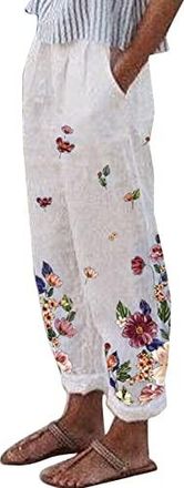 Generic Pantalon en coton et lin pour femme - Pantalon d&eacute;t&eacute; en lin pour femme - Taille &eacute;lastique - Pantalon de d&eacute;tente d&eacute;t&eacute; avec poches - Imprim&eacute; floral - Jam