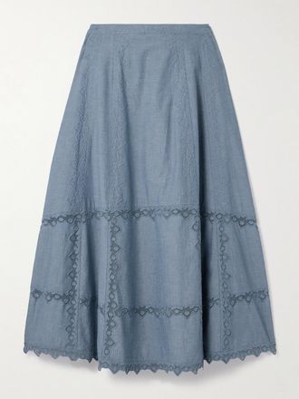 Ulla Johnson Jupe Midi En Chambray De Coton À Finitions En Résille Et À Broderies Lucia - Bleu