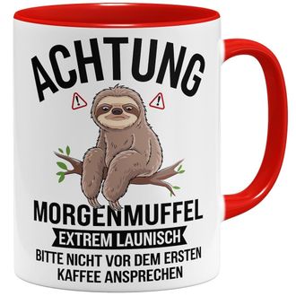 OM3 witzige Kaffee-Tasse mit Spruch - Faultier (Sloth) - ACHTUNG Morgenmuffel extrem launisch - Spruchtasse - Keramik Becher - 325ml - Beidseitig Bedruckt