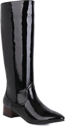 Generic Bottes d&eacute;quitation montantes en cuir verni &agrave; bout rond et talon bloc large pour femme, Noir, 39.5 EU