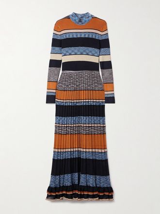 Ulla Johnson Robe Longue &Agrave; Col Montant En Mailles M&eacute;tallis&eacute;es &Agrave; Rayures Et &Agrave; Plis Evangeline - Bleu