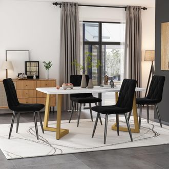 Generic Essgruppe mit 4 St&uuml;hlen, Modernes K&uuml;chentisch-Set, Rechteckiger Esstisch mit Marmor-Tischplatte, Schwarze Samt-Esszimmerst&uuml;hle, goldene Beine, ideal f