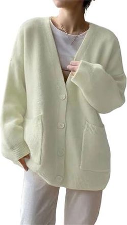 Generic Cardigan jaune &agrave; simple boutonnage pour femme avec col en V, beige, Taille Unique