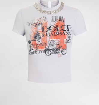 Dolce & Gabbana Jersey T-shirt With Print And Crystals - Frau T-shirts Und Sweatshirts Grau 40