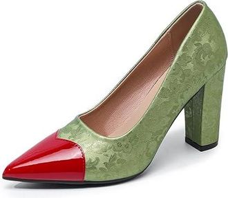 Generic Escarpins r&eacute;tro &agrave; bout pointu et &agrave; talon bloc color&eacute; pour femme, Vert, 38.5 EU