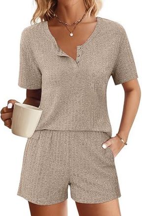 Ekouaer Ensembles de Pyjama Femme Court Chemise de Nuit Été Deux Pièces Femme Col Rond Vêtements de Nuit Ceinture Élastique, Kaki, S