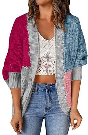 Generic Vestes pour femmes 2026 Mode &agrave; manches longues Colorblock Contraste Cardigan d&eacute;contract&eacute; l&eacute;ger en tricot doux, rose vif, M