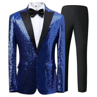 Generic Smoking &agrave; paillettes pour homme 3 pi&egrave;ces Coupe ajust&eacute;e Un bouton Robe Costume Veste Blazer Brillant Ensemble avec noeud papillon, Bleu 1, 4XL