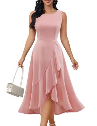 Dresstells Cocktaikleid Damen Festliche Kleider f&uuml;r Hochzeit Vintage Curvy Partykleid Rosa Gro&szlig;e Gr&ouml;&szlig;en Hoch-Tief Abendkleid Kurz Sommer Elegant Knielang Etuikle