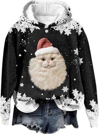 Generic 2026 Sweat à capuche à manches longues pour femme Motif Père Noël décontracté, Noir, 3XL
