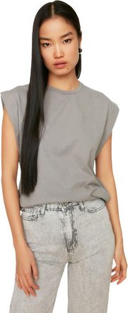 Trendyol Damen Rundhalsausschnitt Unifarben Regular T-Shirt, Grau, XS EU