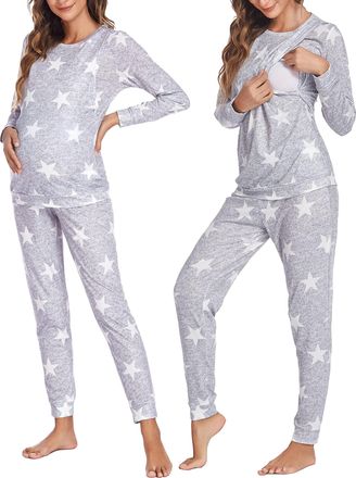 Ekouaer Damen Thermo Still Pyjama Set Langarm Umstands Pyjama Nightwear Stillschlafanzug Zweiteiliges Nachtwäsche für Schwangerschaft Hellgrau Stern S