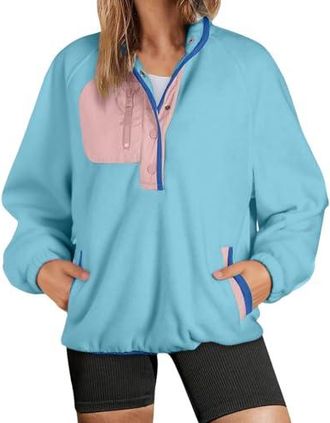 Generic Vestes pour femmes 2026 pour femmes, veste polaire pelucheuse surdimensionn&eacute;e, bloc de couleur, boutons, pull &agrave; manches longues, sweatshirts hauts, BU