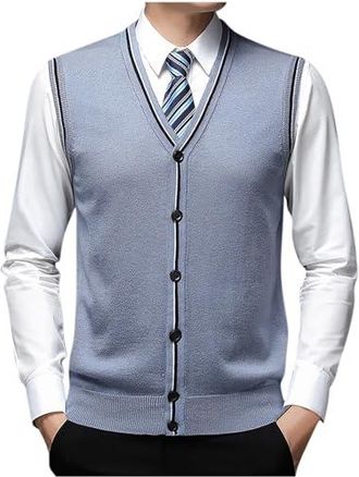 Generic Gilet Homme sans Manches, Cardigan Col V à Boutons en Laine pour Tenue Élégante en Superposition Automne-Hiver(Light Blue,3X-Large)