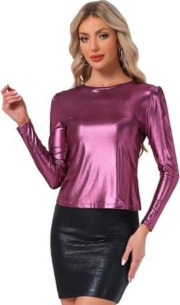 Allegra K Femme Fête Club Glitter Tops Manches Longues Bouffantes Métalliques Brillants de Noël pour Femme Rose poudré XL