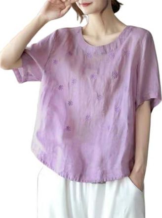 Generic T-shirt d&eacute;t&eacute; pour femme avec broderies et lin d&eacute;contract&eacute; - Design r&eacute;tro litt&eacute;raire - Couleur unie - Manches courtes, lilas, XXL