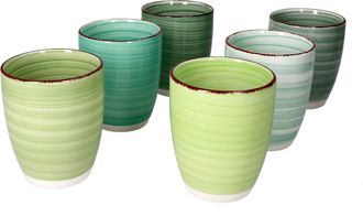 MamboCat Green Kaffeebecher ohne Henkel I 6er Set Steingut-Tasse groß mit Strudel-Dekor - in tollen Grüntönen I Tea & Coffee Mug - moderner Landhaus-Stil I Kaf