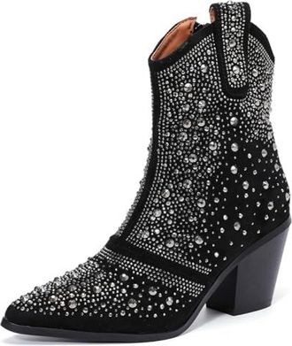 Dadawen Femme Bottines à la Cheville Plate-Forme épais Talon avec Paillettes Strass -Noir 36