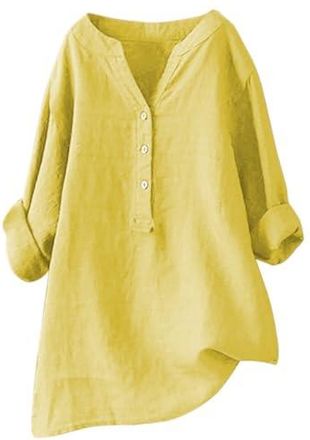 ORANDESIGNE seiveini Blouse en Lin Femme Chic et Élégant Col en V Bouton Chemisier Coton Et Lin pour Femmes Manches Longues Léger T-Shirts Oversized Tunique Coton