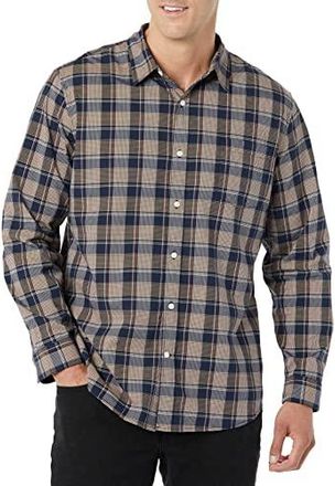 Amazon Essentials Chemise en Popeline Extensible À Manches Longues Et Coupe Ajustée Homme, Or Bleu Marine À Carreaux, L