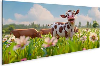 Islandburner Bild auf Leinwand Lustige Kuh auf der Blumenwiese in der Sonne für Wohnzimmer Kinder Kinderarztpraxis Bilder Wandbilder Poster
